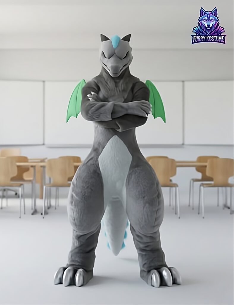 Grey Dragon Fursuit Costume with Green Wings - Furry Kostumes